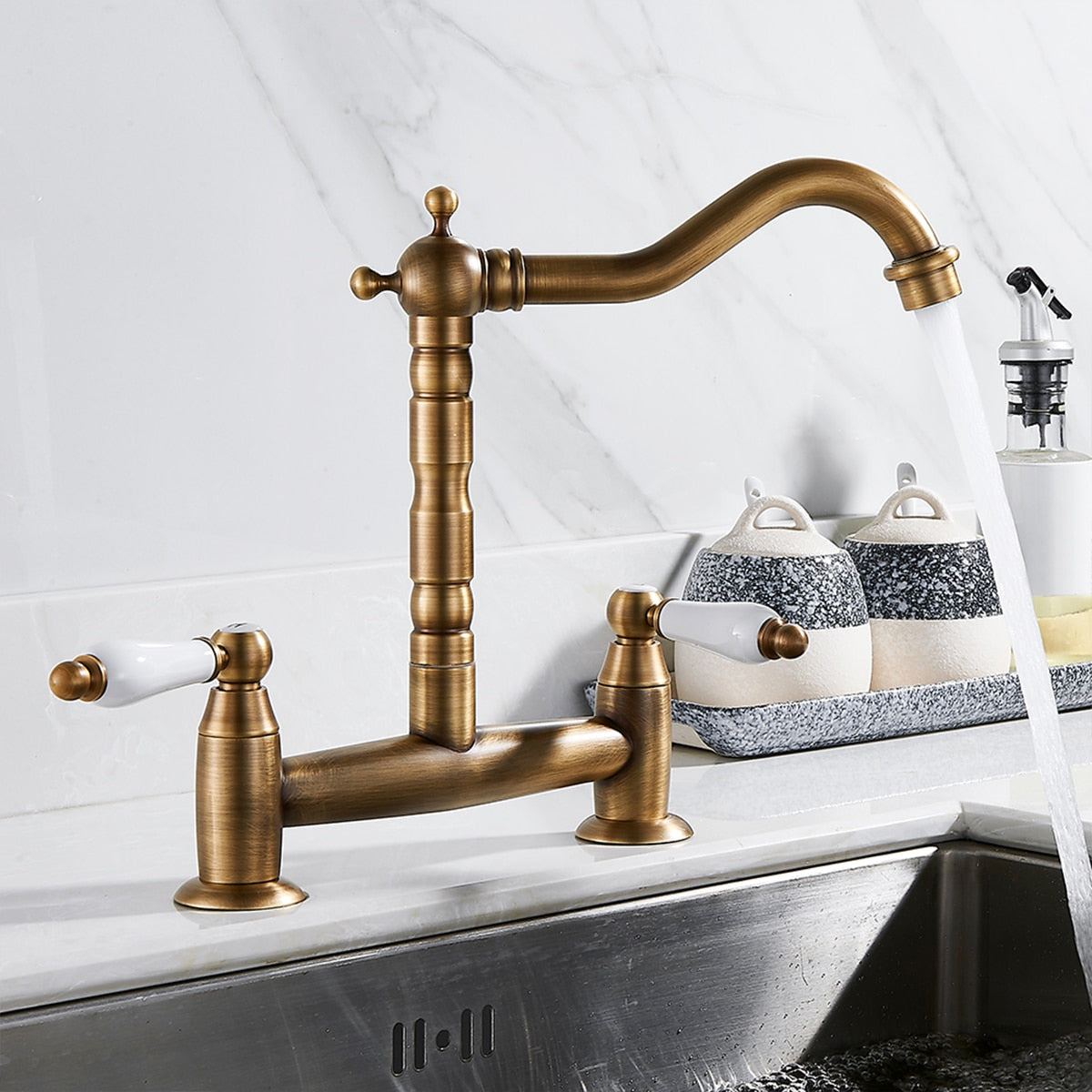 Robinet cuisine évier vintage poignées céramique rétro - Doré - Laiton ...